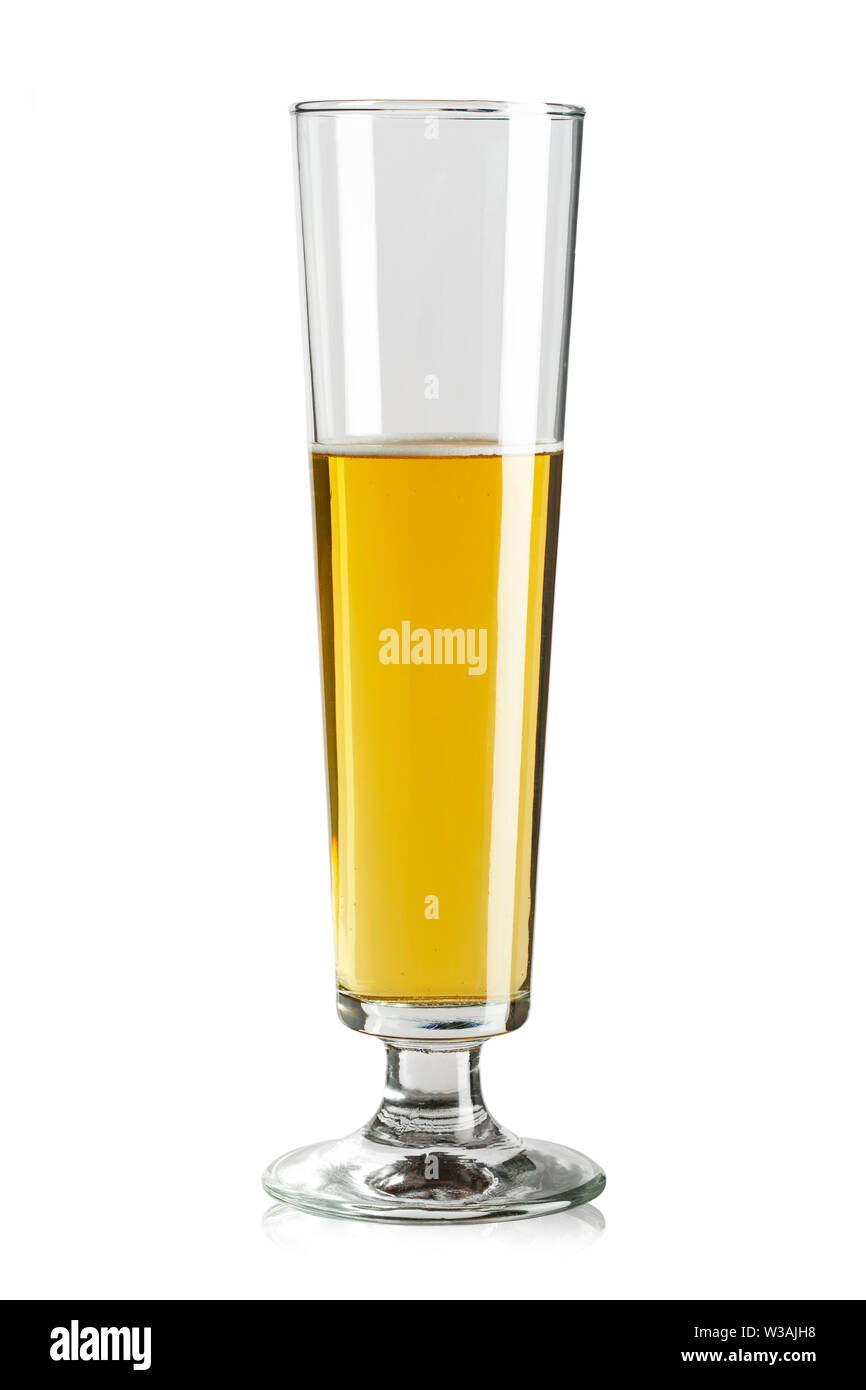 Half a glass of beer on a white background. beer in a traditional high ...