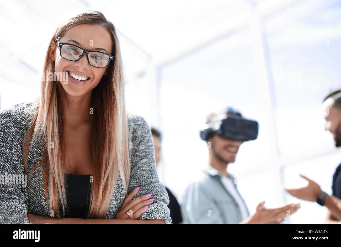 virtual reality headset in office meeting Stock Photo - Alamy
