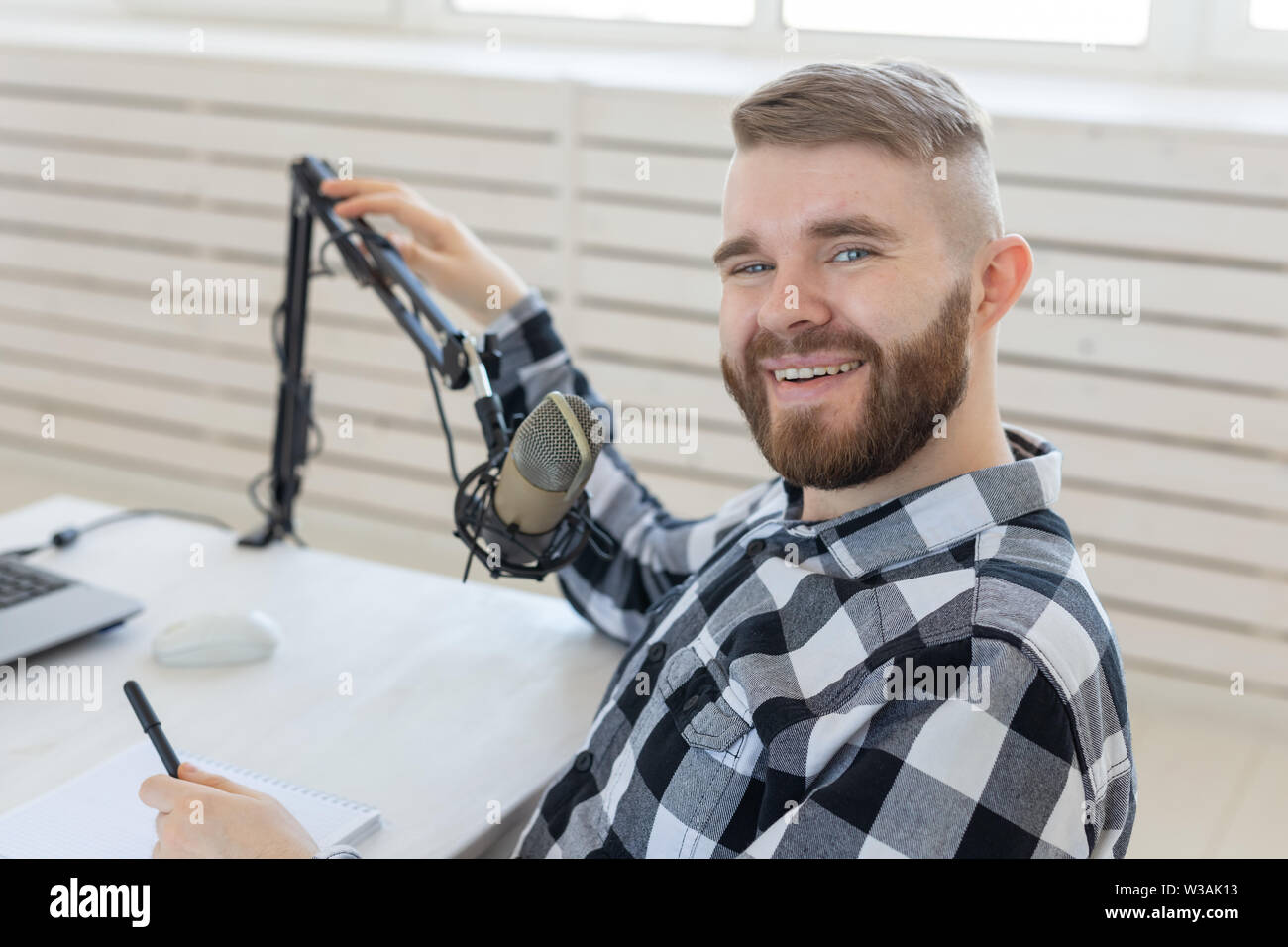 Radio, dj, blogger and people concept - young man dj is smiling Stock ...