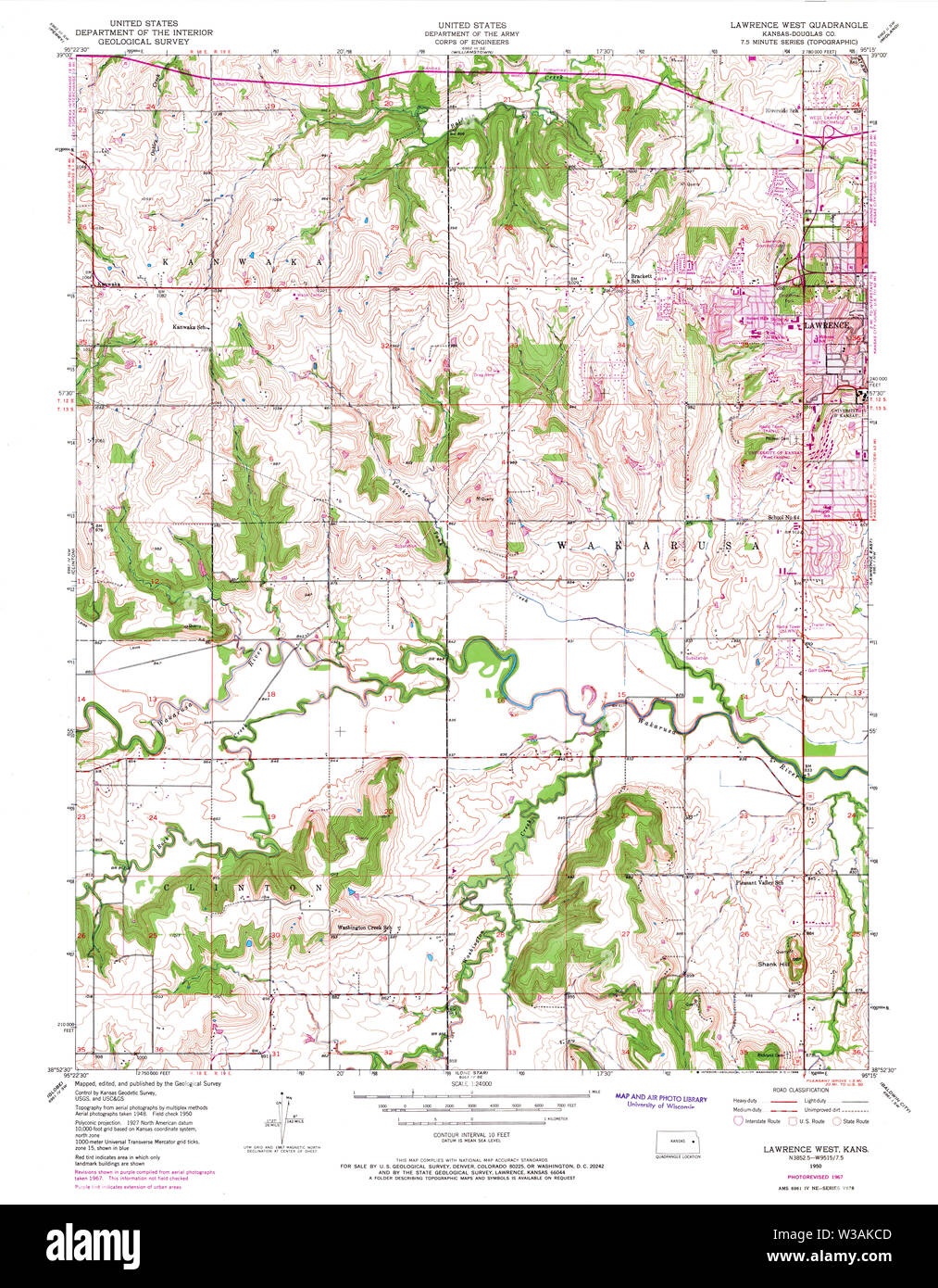 USGS TOPO Map Kansas KS Lawrence West 511813 1950 24000 Restoration ...