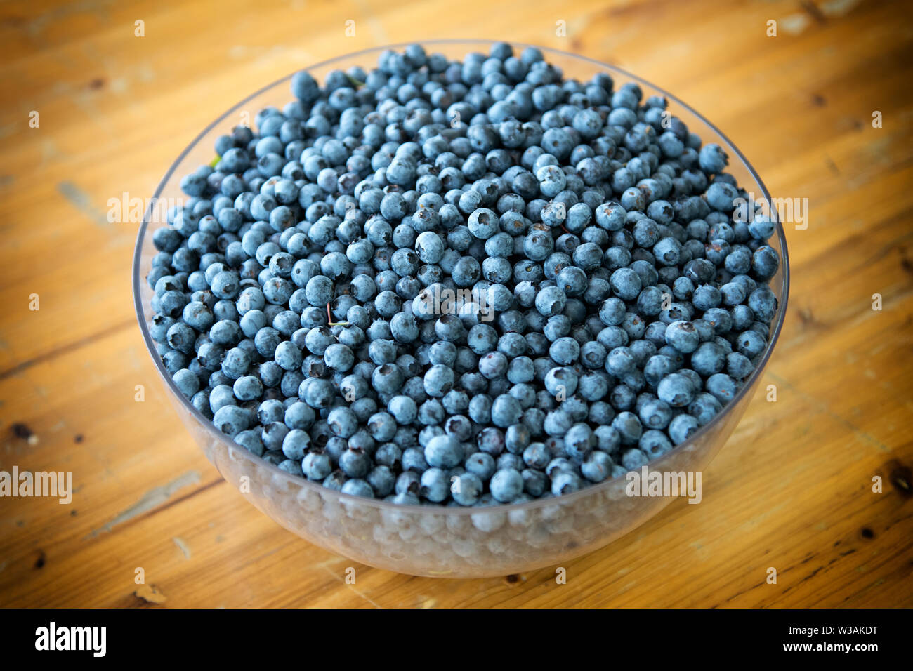 Bowl of freshly picked ripe blueberries rich in vitamin C on a wooden ...