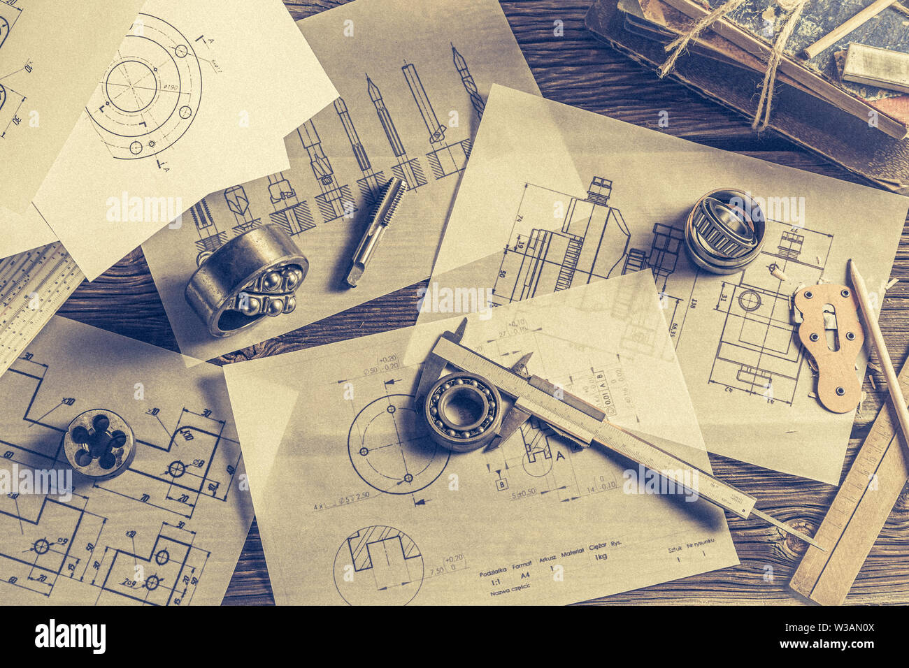 Top view of designer desk of mechanical parts Stock Photo - Alamy
