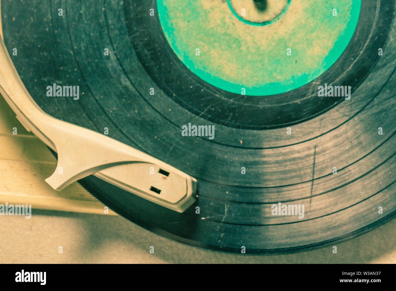 Vintage record player with few black vinyl records Stock Photo - Alamy
