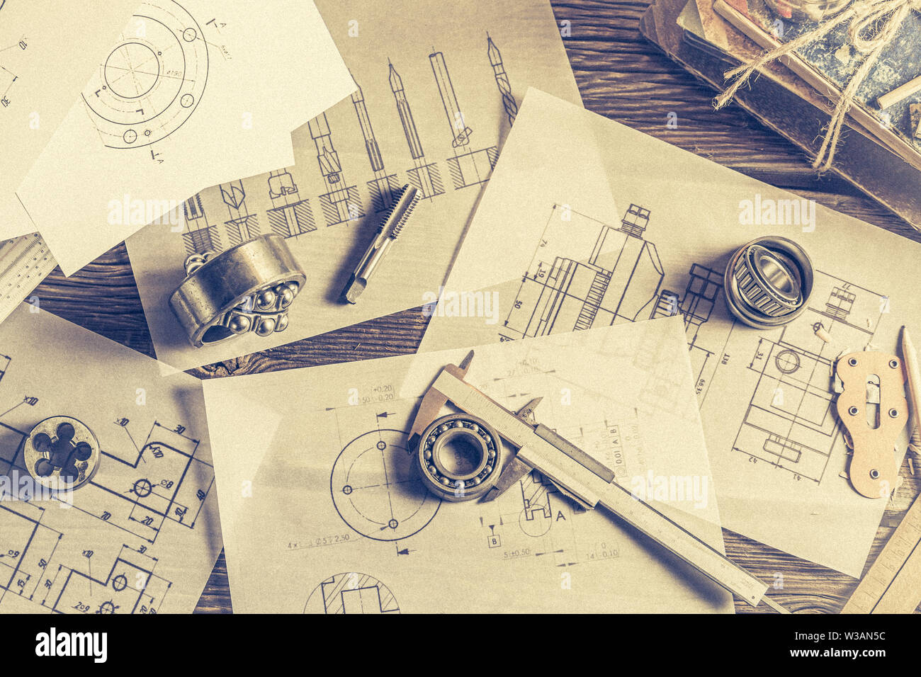 Top view of milling cutters, bearings and mechanical diagrams Stock ...