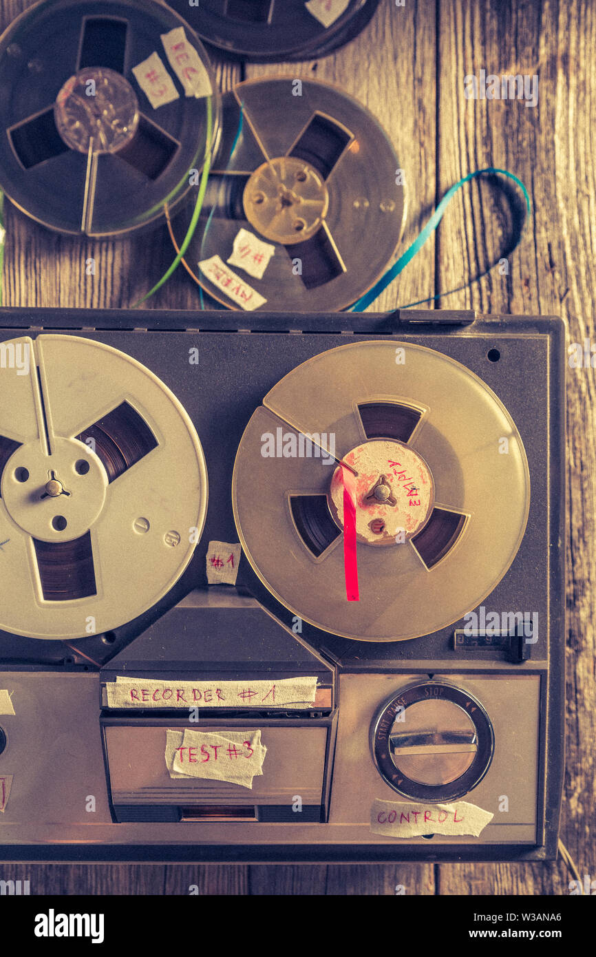Vintage audio reel recorder with roll of tape and microphone Stock ...