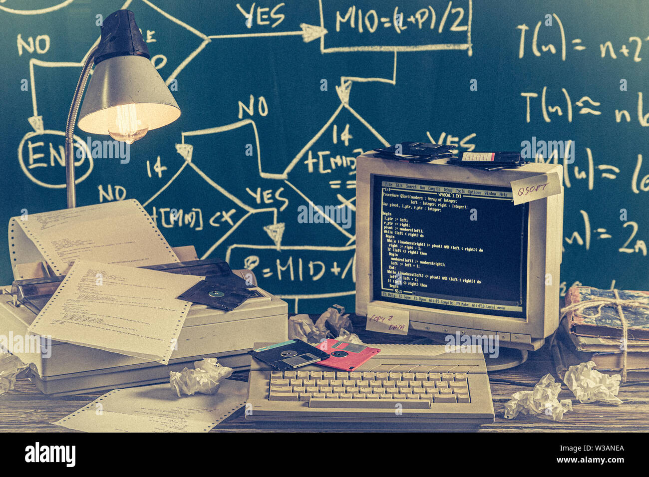 Vintage computing laboratory on green chalkboard background Stock Photo ...