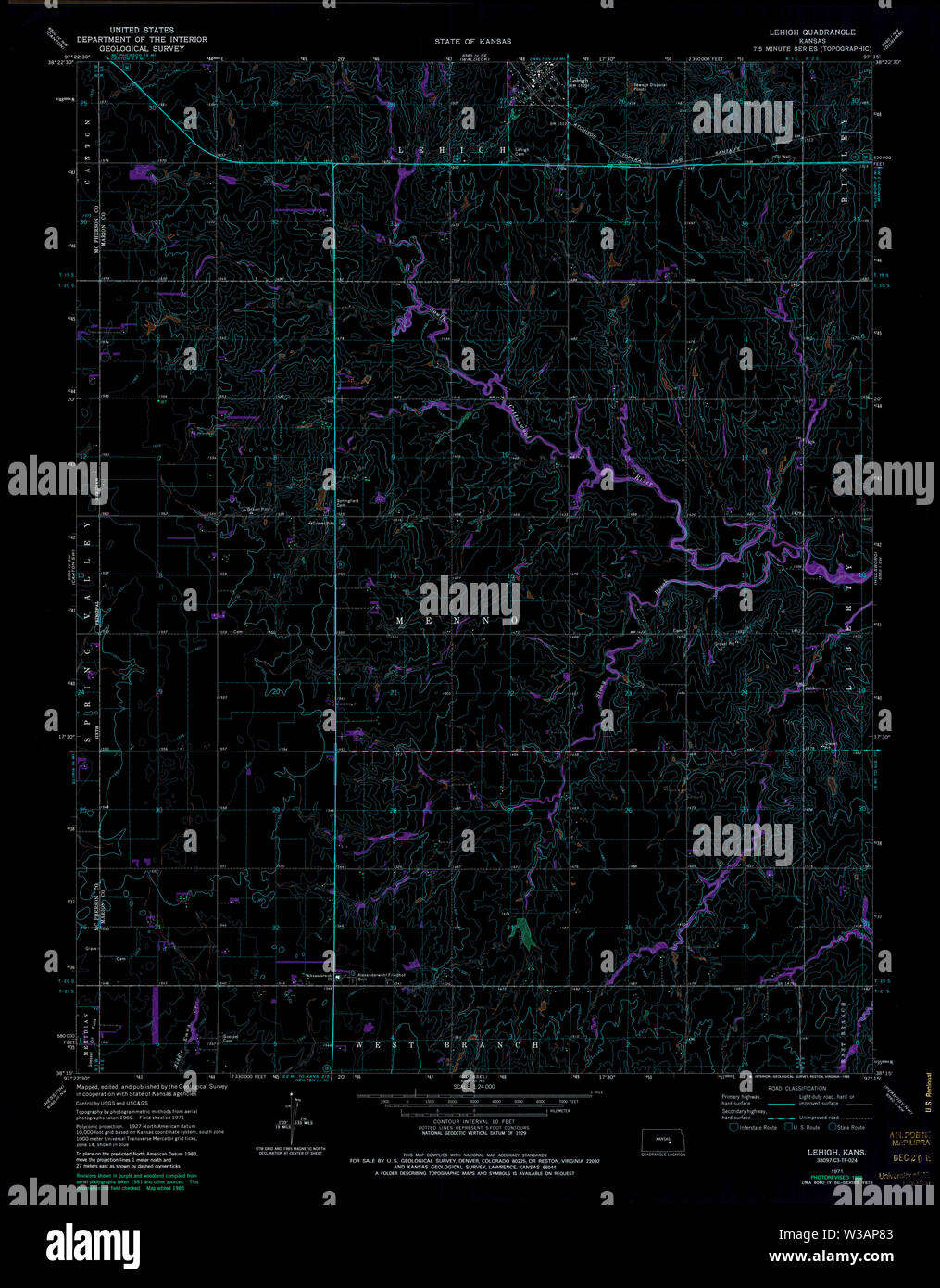 USGS TOPO Map Kansas KS Lehigh 511828 1971 24000 Inverted Restoration ...