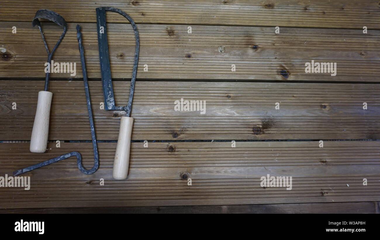 roman woodworking tools; saw, scorp and auger, from Bosnia Stock Photo ...