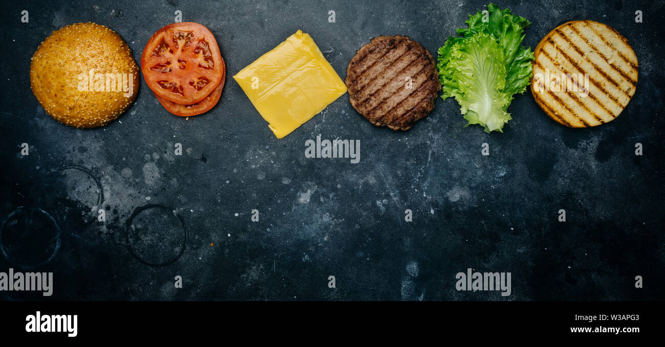 Home made Burger composition (recipe and cooking). Products for the ...