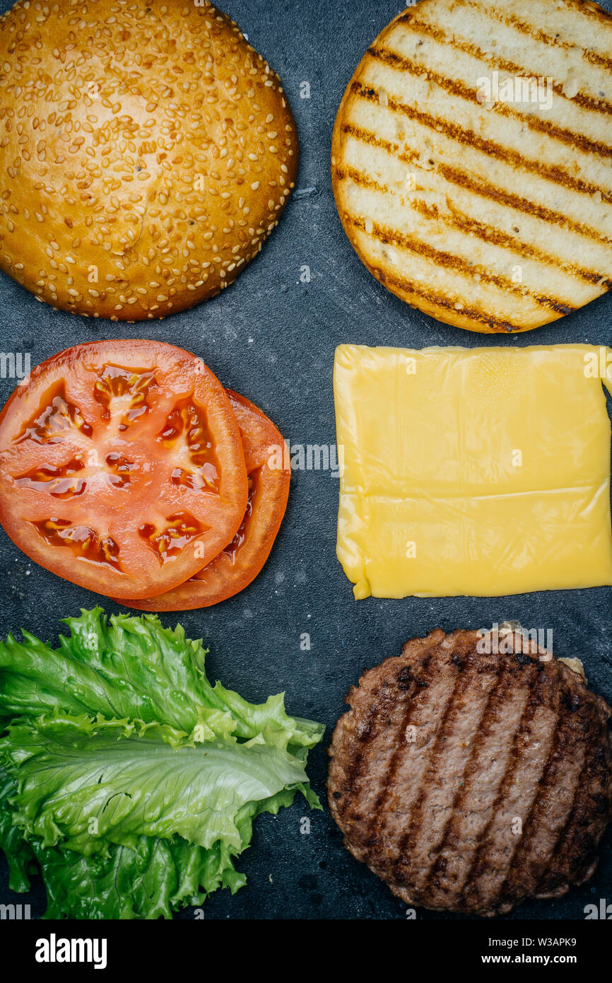 Home made Burger composition (recipe and cooking). Products for the ...