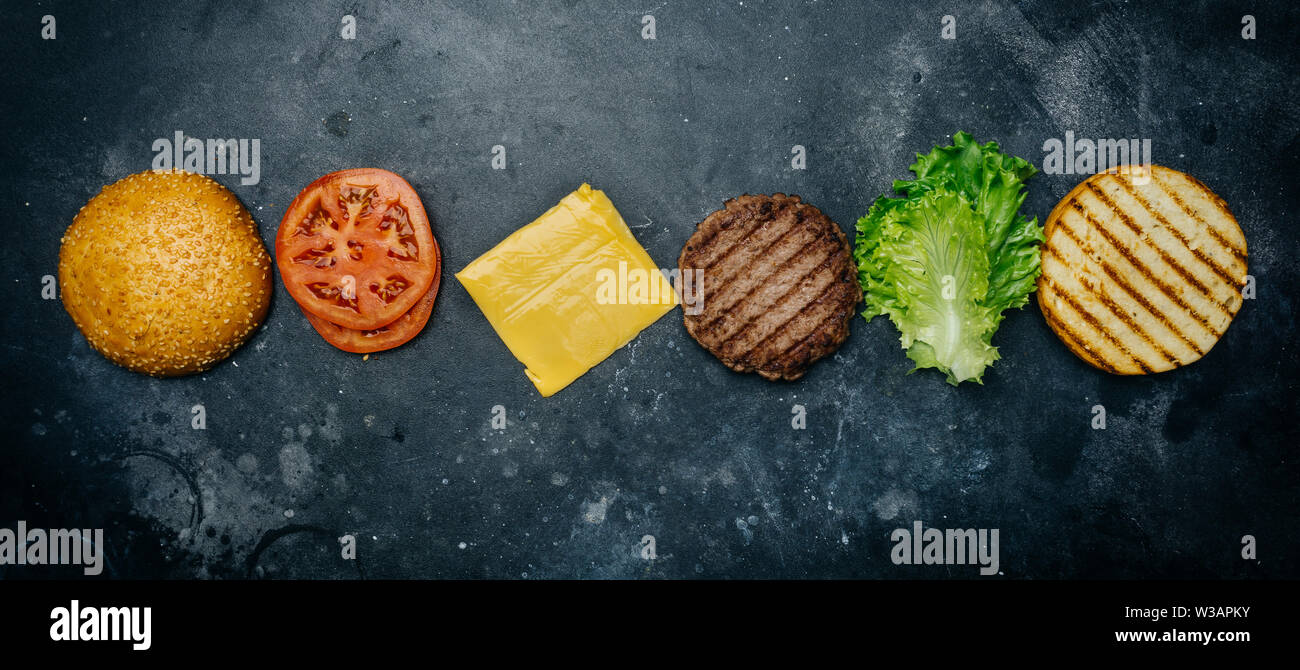 Home made Burger composition (recipe and cooking). Products for the ...