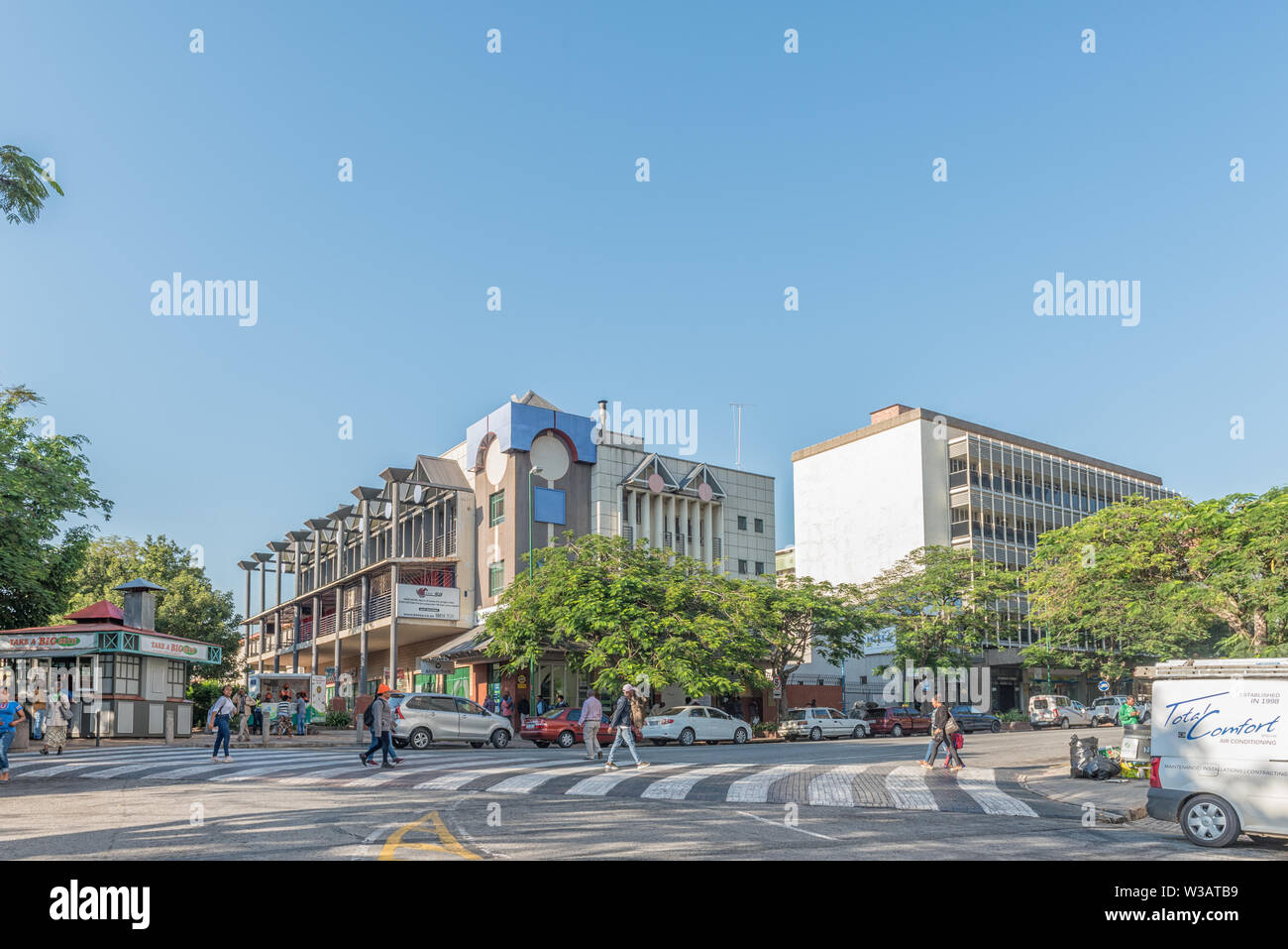 NELSPRUIT, SOUTH AFRICA - MAY 3, 2019: A street scene, with businesses ...