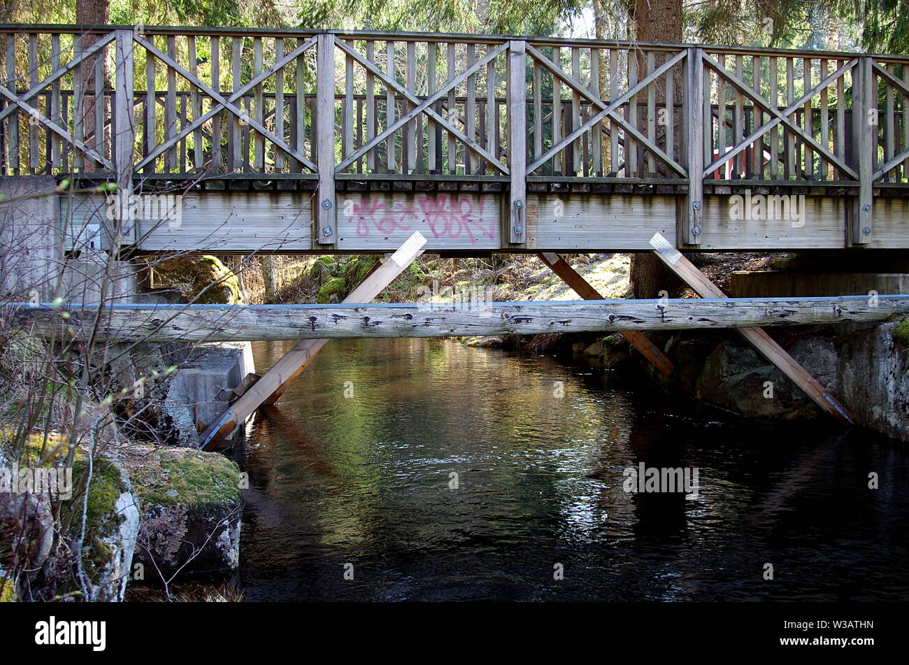 Small wooden bridge across a small creek in a park in Dalarna,Sweden ...