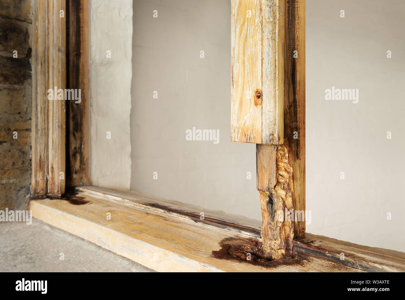 Close up of rotten sash window frame against white background. Sash ...