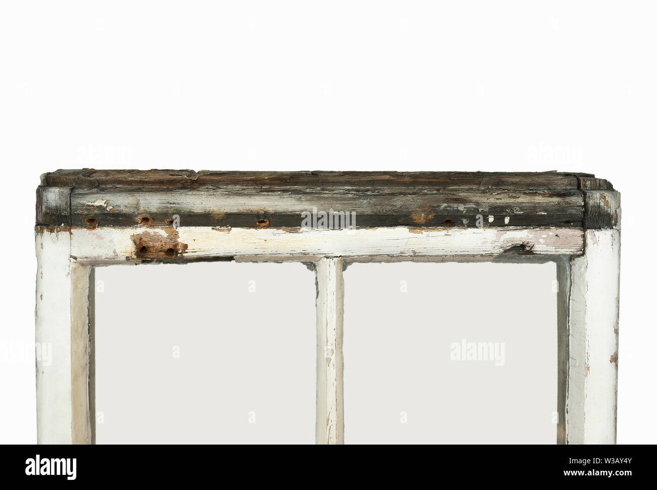 Close up of rotten sash window frame against white background. Sash ...