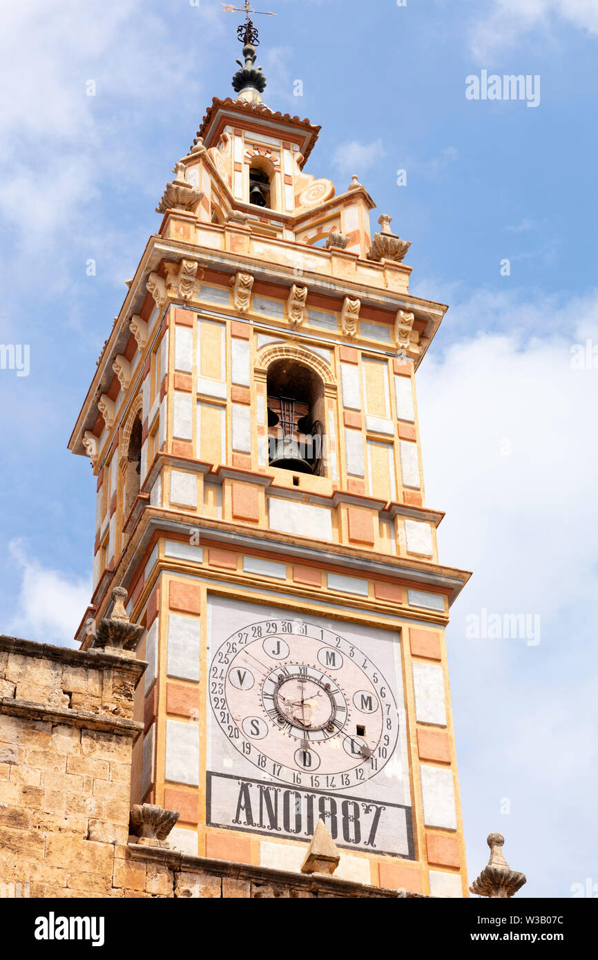 church tower of Chelva in Valencia, decorated with yellow, orange and ...