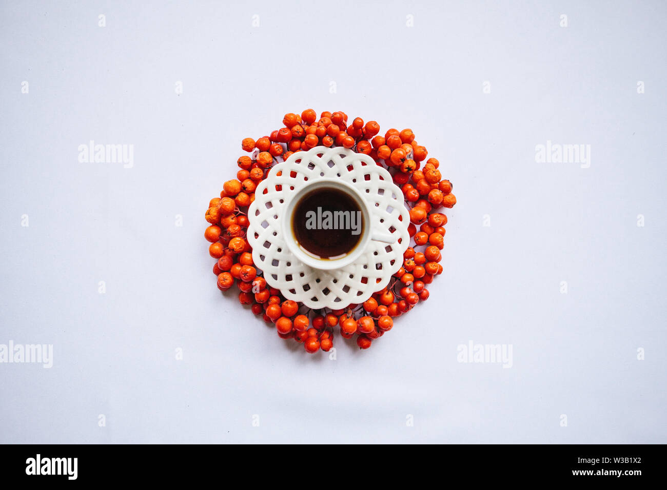 A cup of black tea and rowan berries on a white background. Time for ...