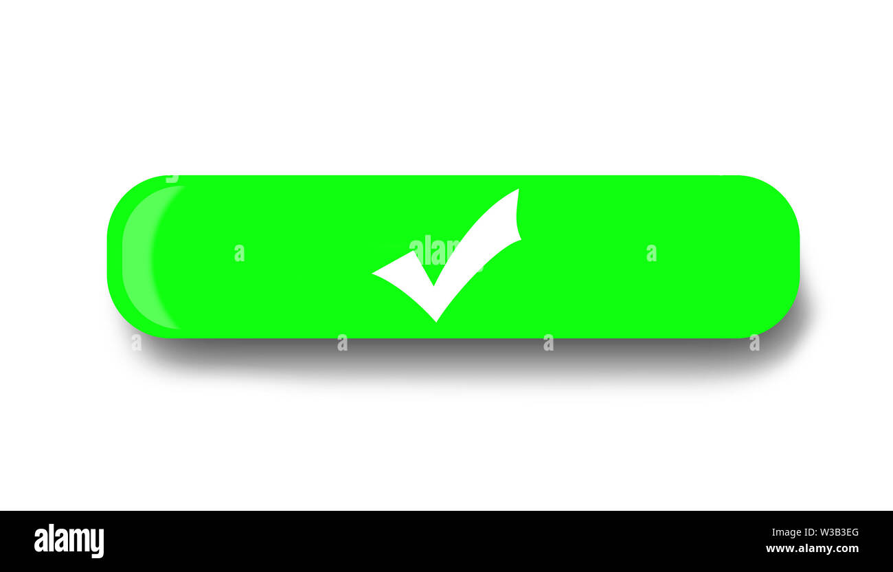 Illustration. Green button with white confirmation symbol, reflection ...