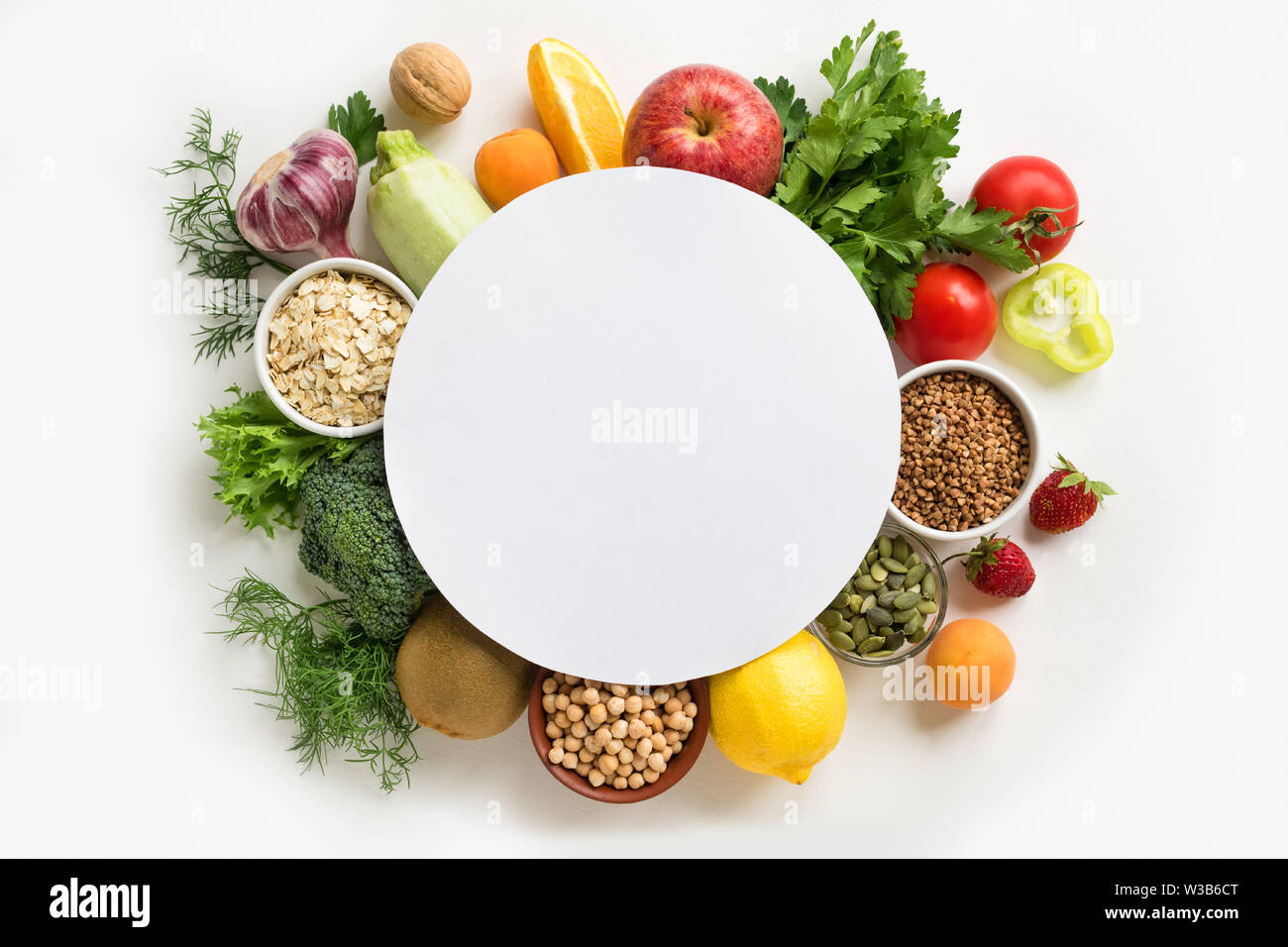 Organic Food Background - assorted vegan food isolated on white ...