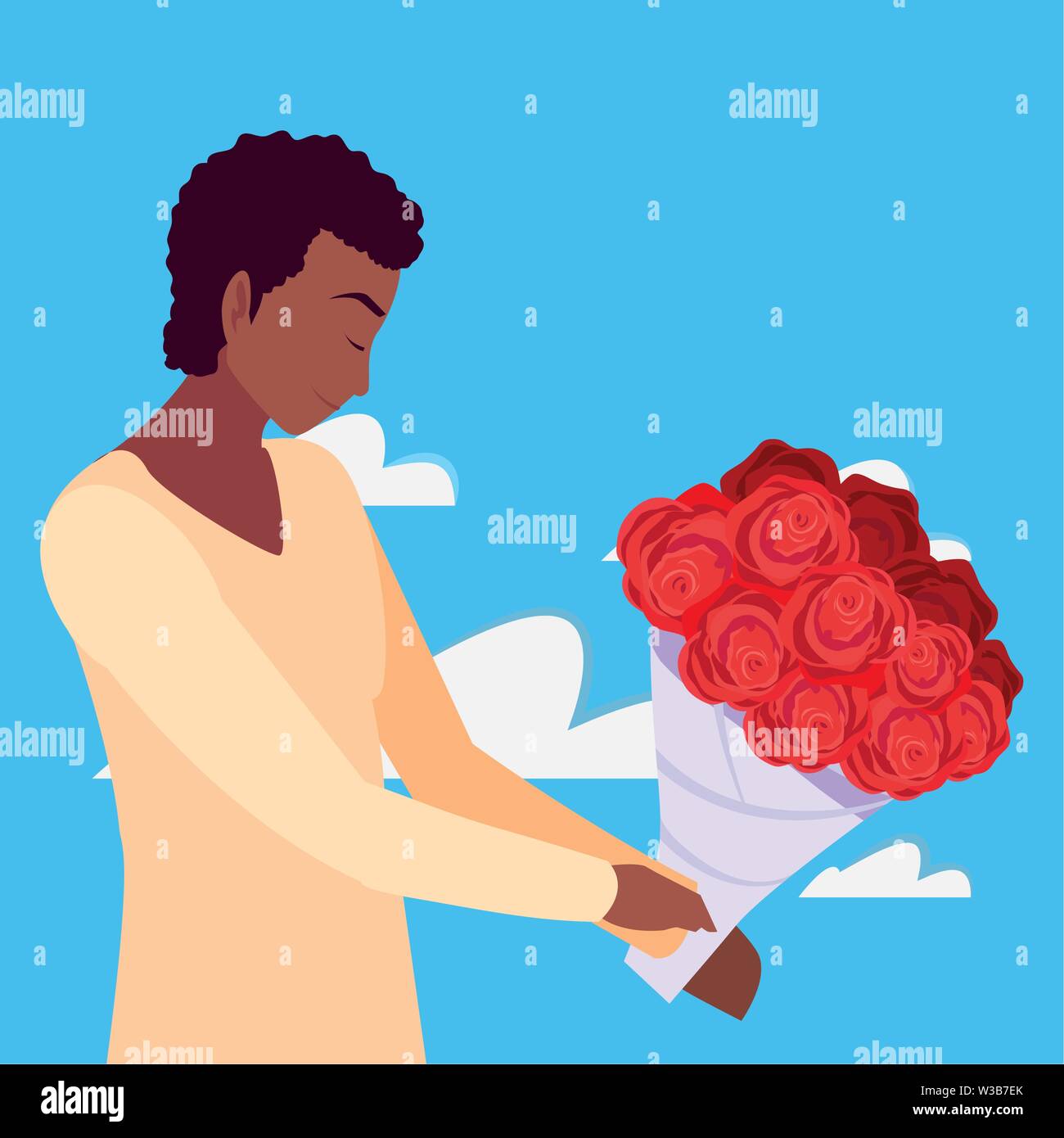 romantic man with bouquet flowers vector illustration Stock Vector ...