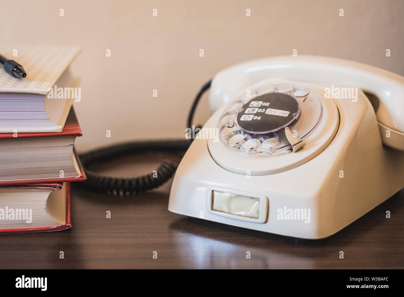 Vintage old telephone with rotary disc and handset on wooden table ...