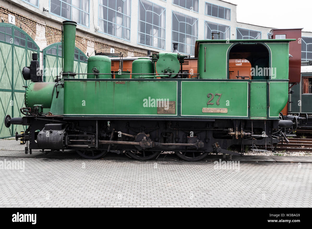 BUDAPEST, HUNGARY - April 05, 2019: A vintage small steam locomotive on ...
