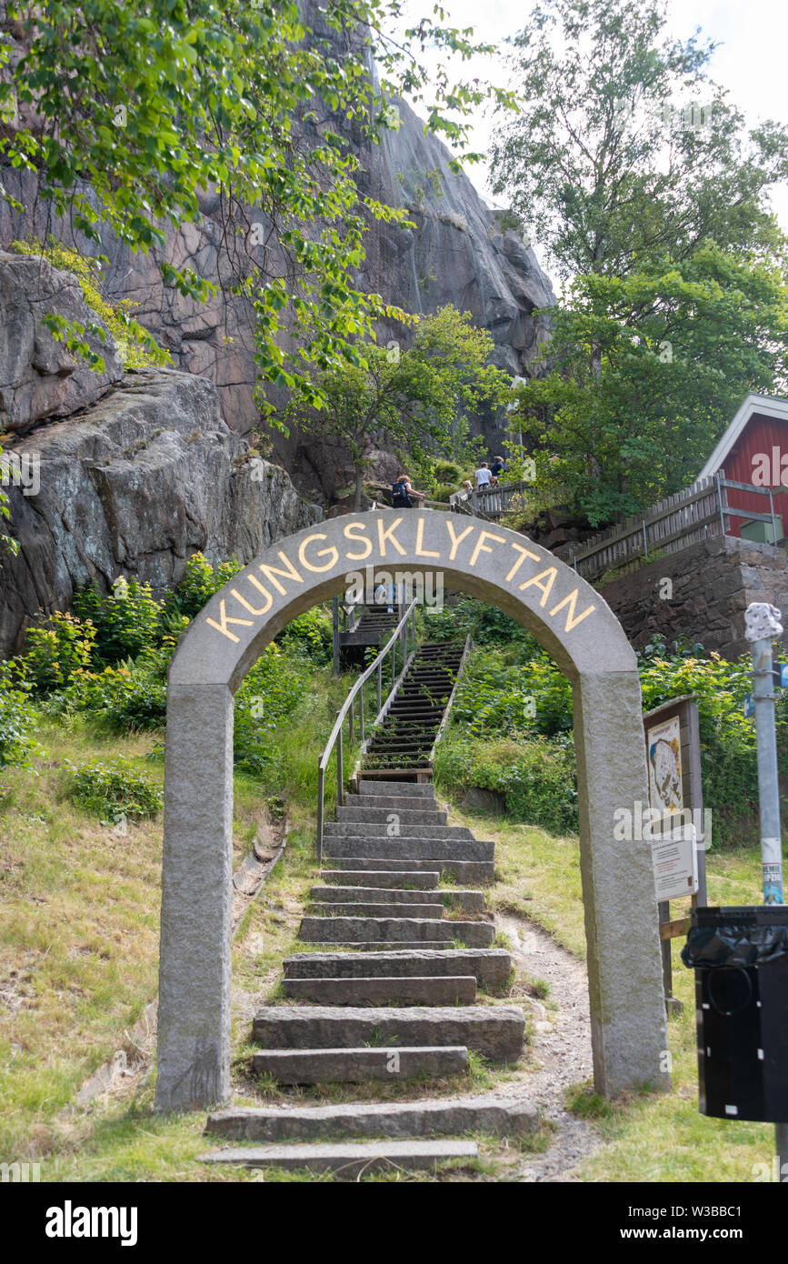 Fjällbacka, Sweden - July 9, 2019: View of the entrance to Kungsklyfta ...