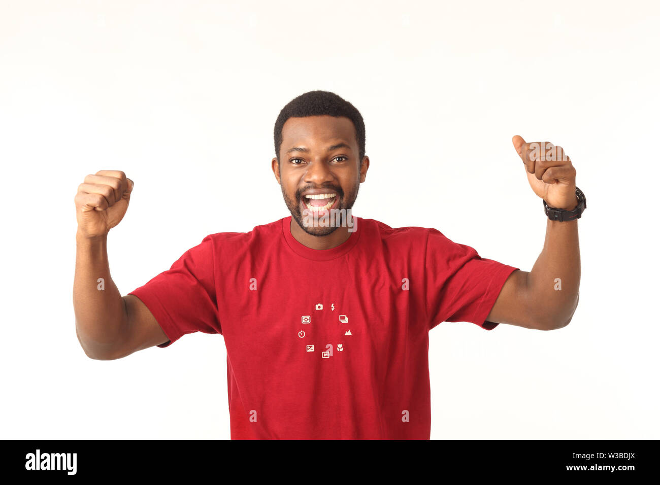 Portrait of a man punching the air Stock Photo - Alamy