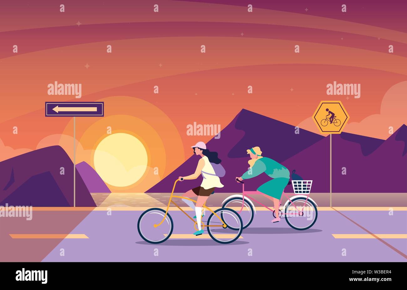 women riding bike in in landscape for road vector illustration Stock ...