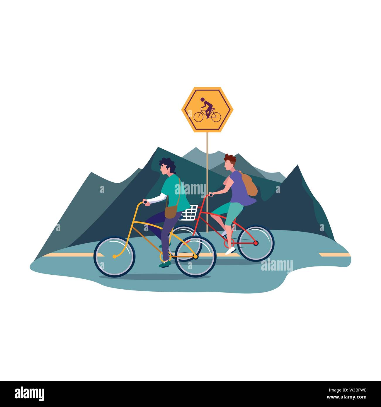men riding bicycle activity outdoors scene vector illustration Stock ...