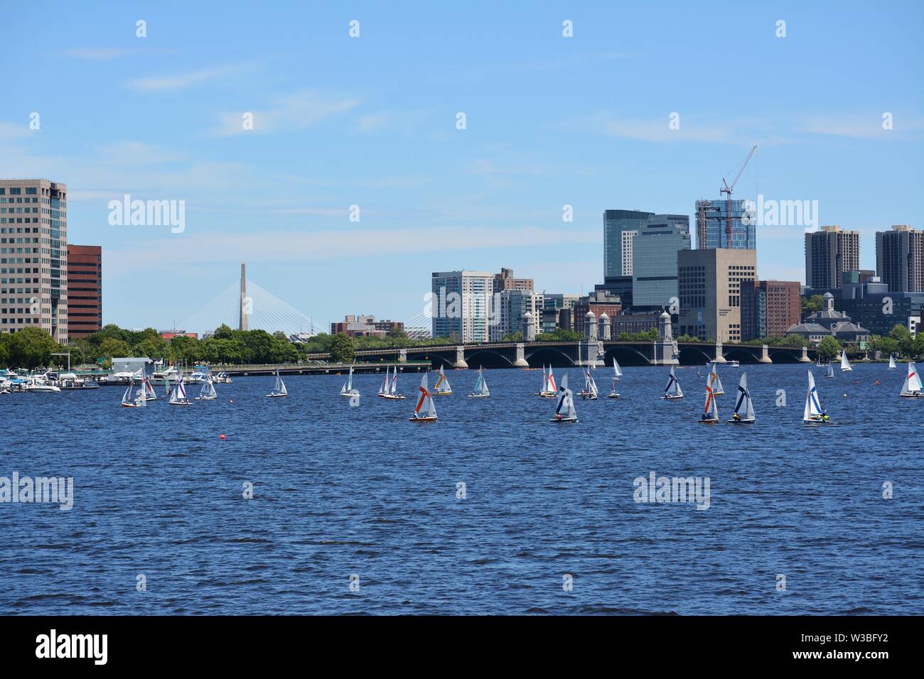 Sailboats sailing in the Charles River Basin with the Boston skyline ...