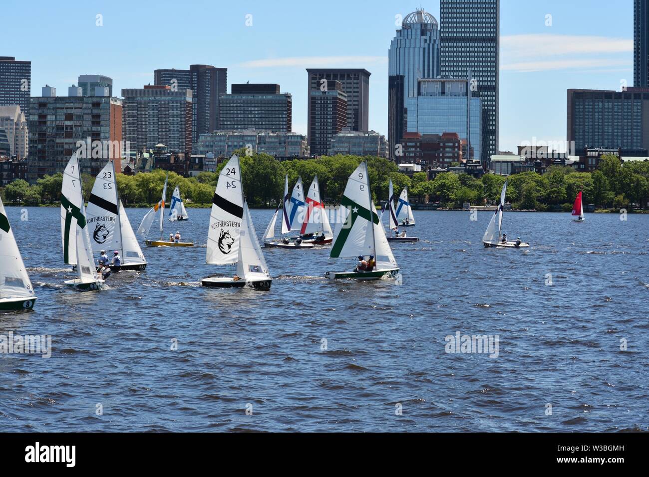 Sailboats sailing in the Charles River Basin with the Boston skyline ...