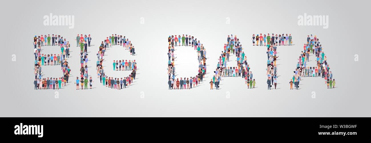 people crowd gathering in shape of big data word different occupation ...