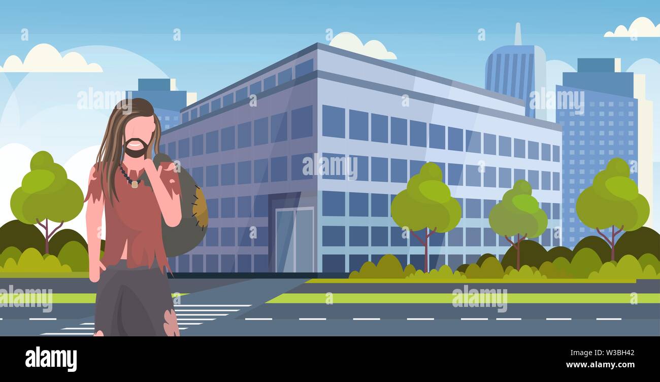 man beggar with bag walking street tramp begging for help homeless ...