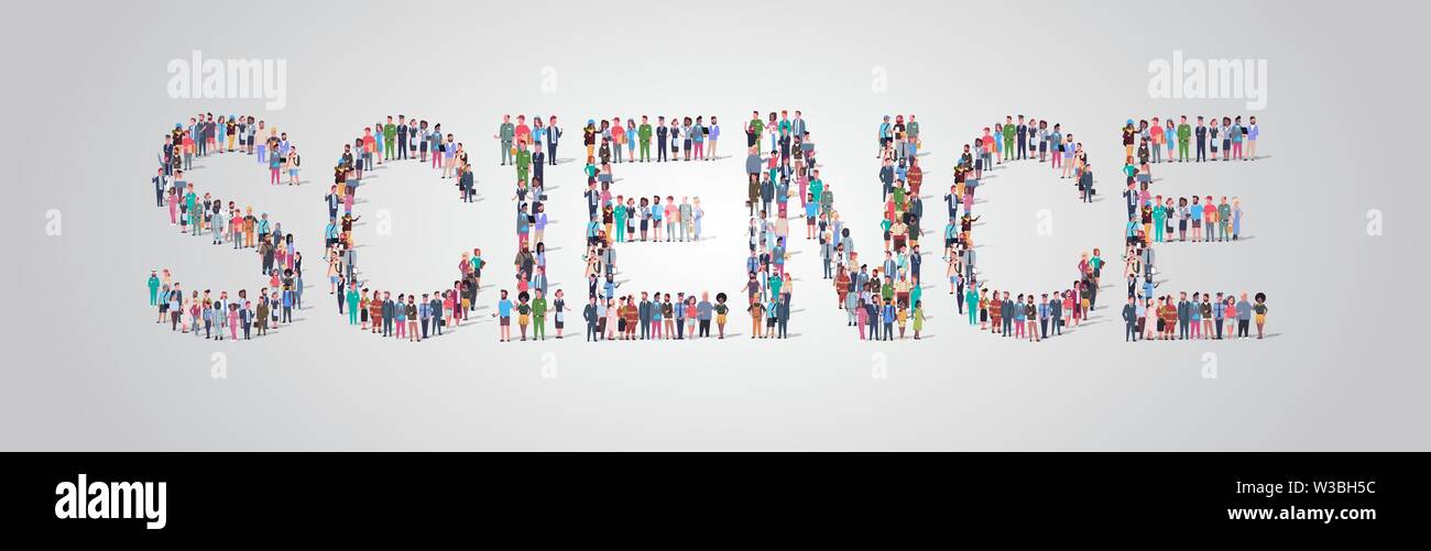 people crowd gathering in shape of science word different occupation ...