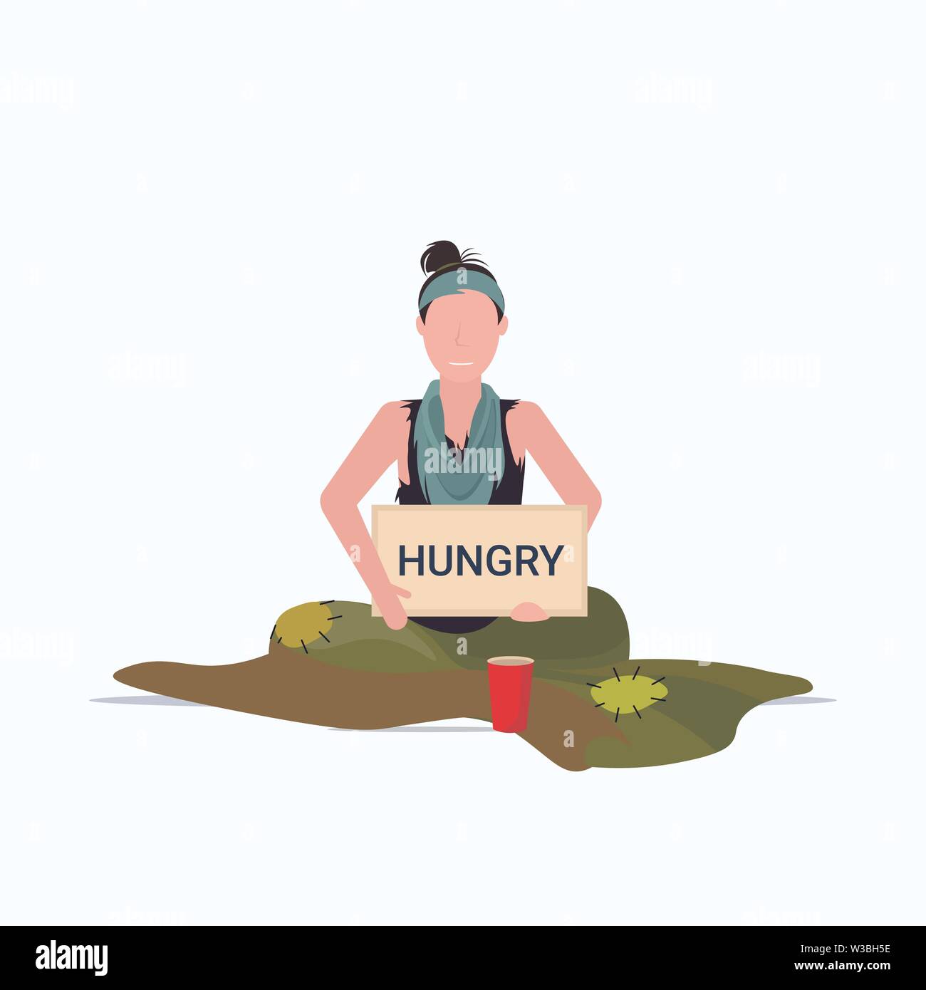 sad woman beggar holding sign board with hungry text girl tramp begging ...