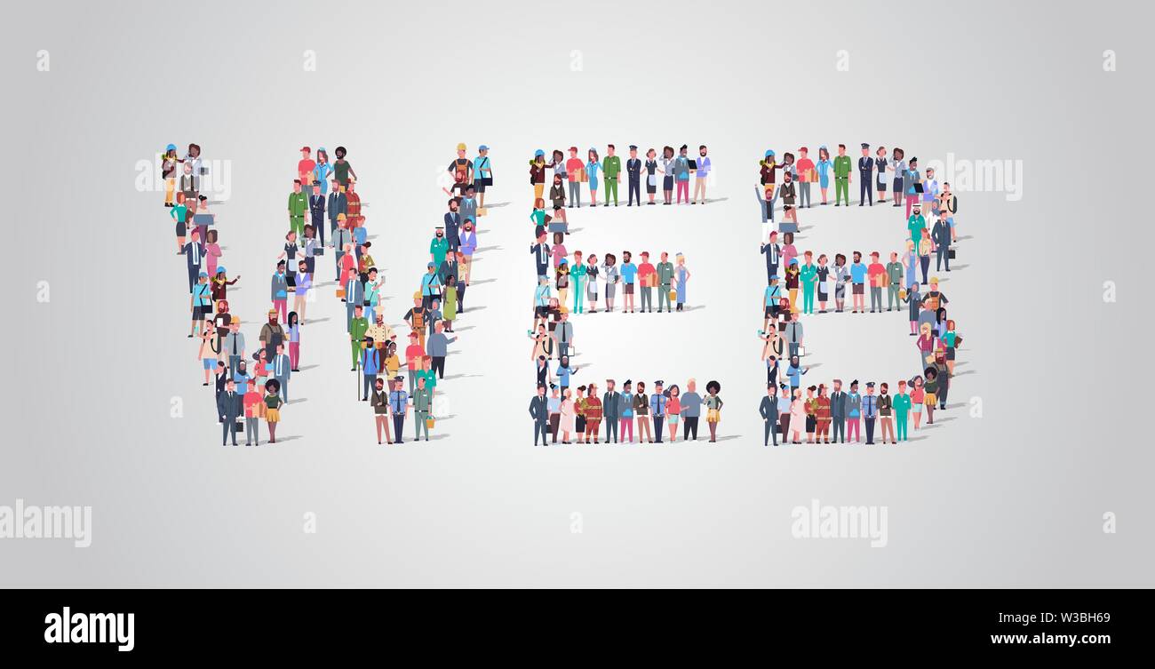 people crowd gathering in shape of web word different occupation ...