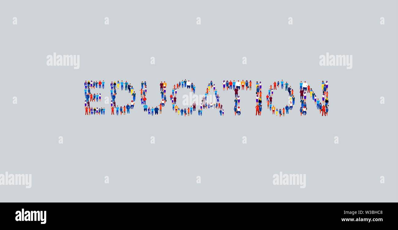 businesspeople crowd gathering in shape of education word different ...