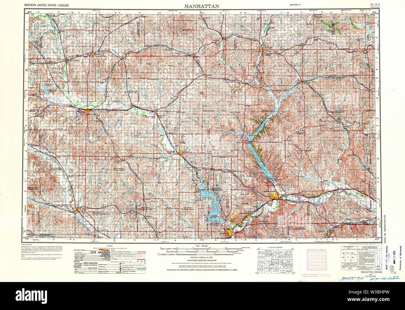 USGS TOPO Map Kansas KS Manhattan 707459 1955 250000 Restoration Stock ...