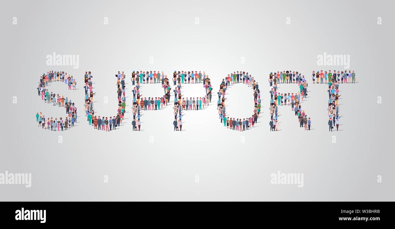 people crowd gathering in shape of support word different occupation ...