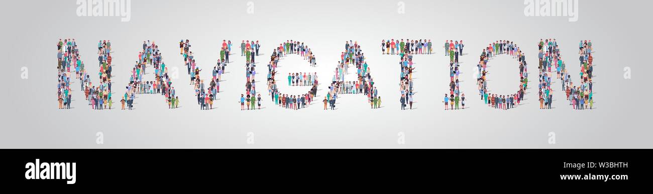 people crowd gathering in shape of navigation word different occupation ...