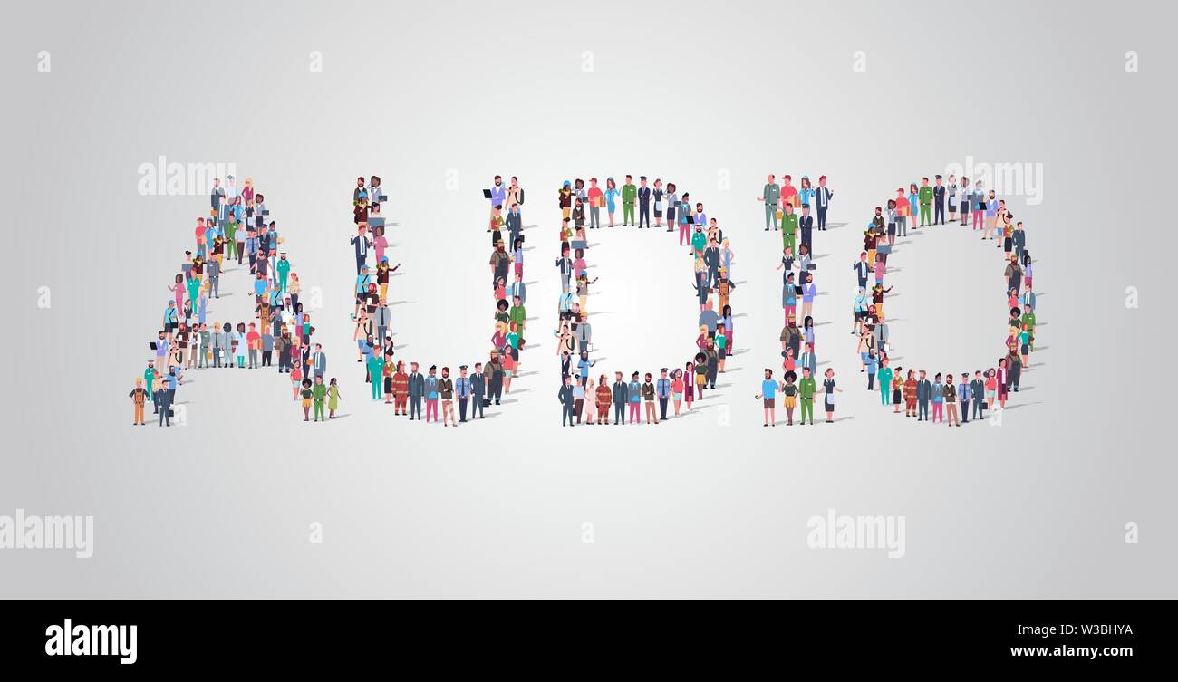 people crowd gathering in shape of audio word different occupation ...