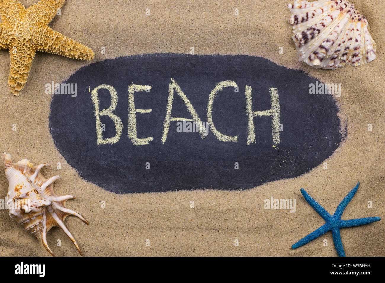 Handwritten chalk inscription BEACH on blackboard, lying among the ...