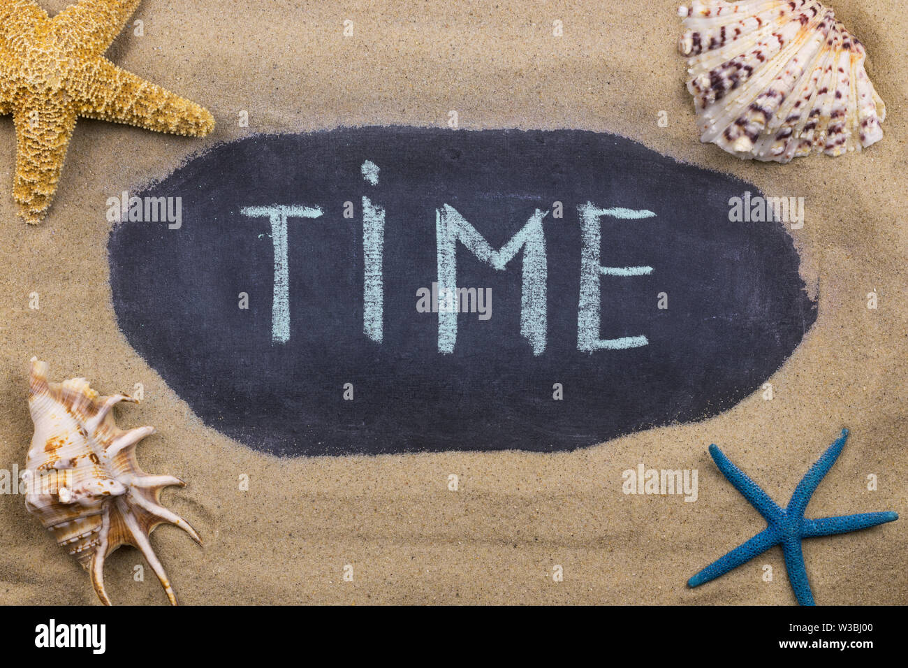 Handwritten chalk inscription TIME on blackboard, lying among the ...