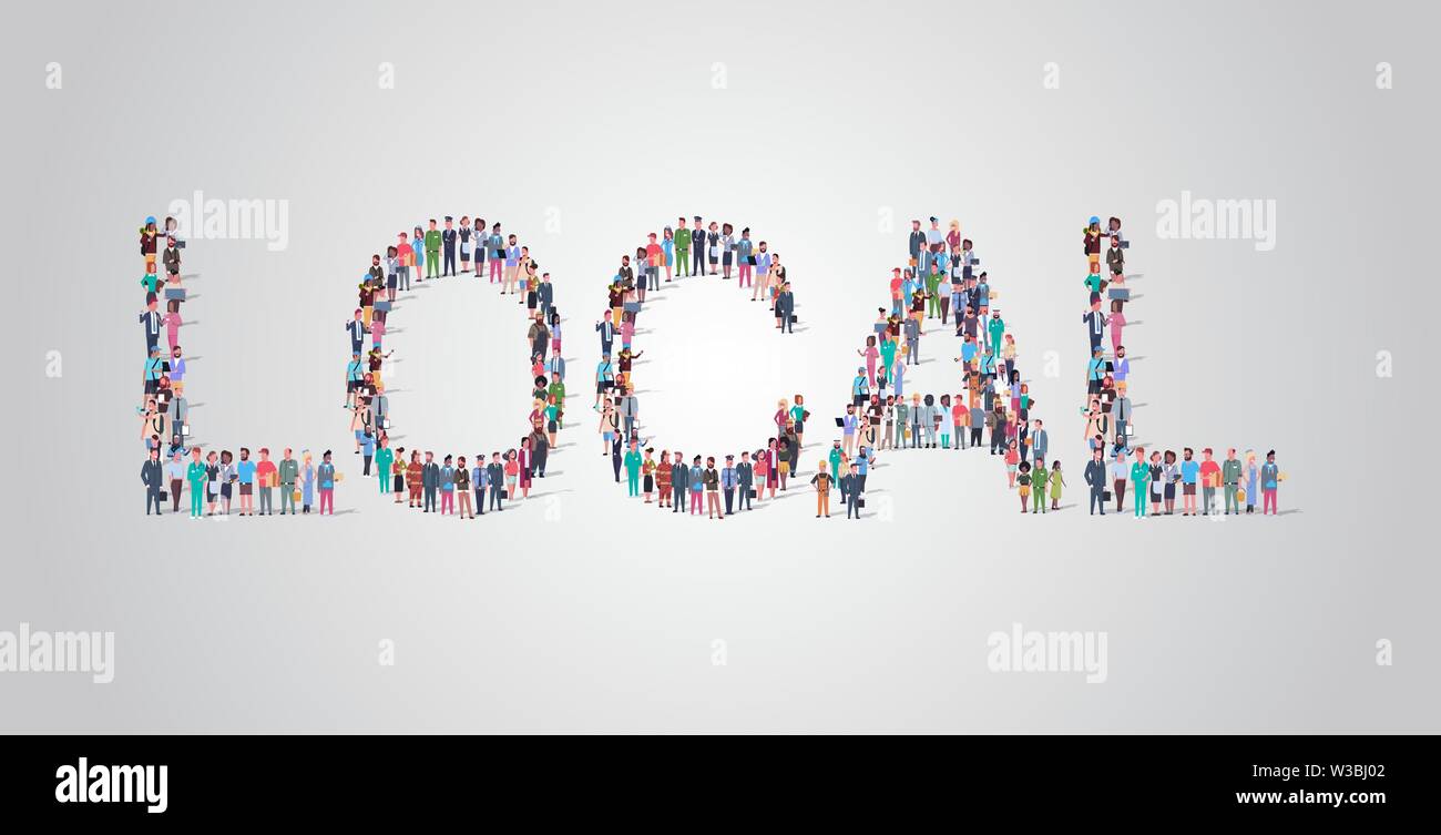 people crowd gathering in shape of local word different occupation ...