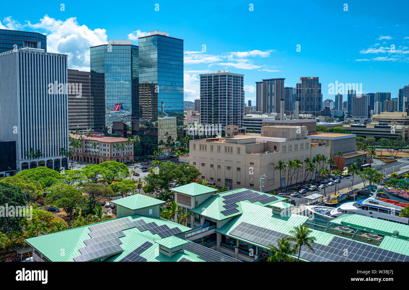 Honolulu, Awaii - May 3, 2019: The downtown buildings seen from the top ...