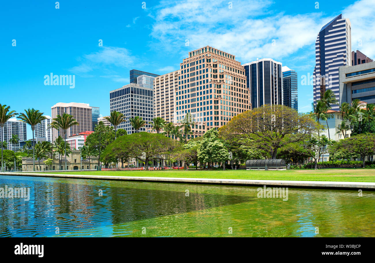 Honolulu, Hawaii , the downtown buildings seen from the State Capitol ...
