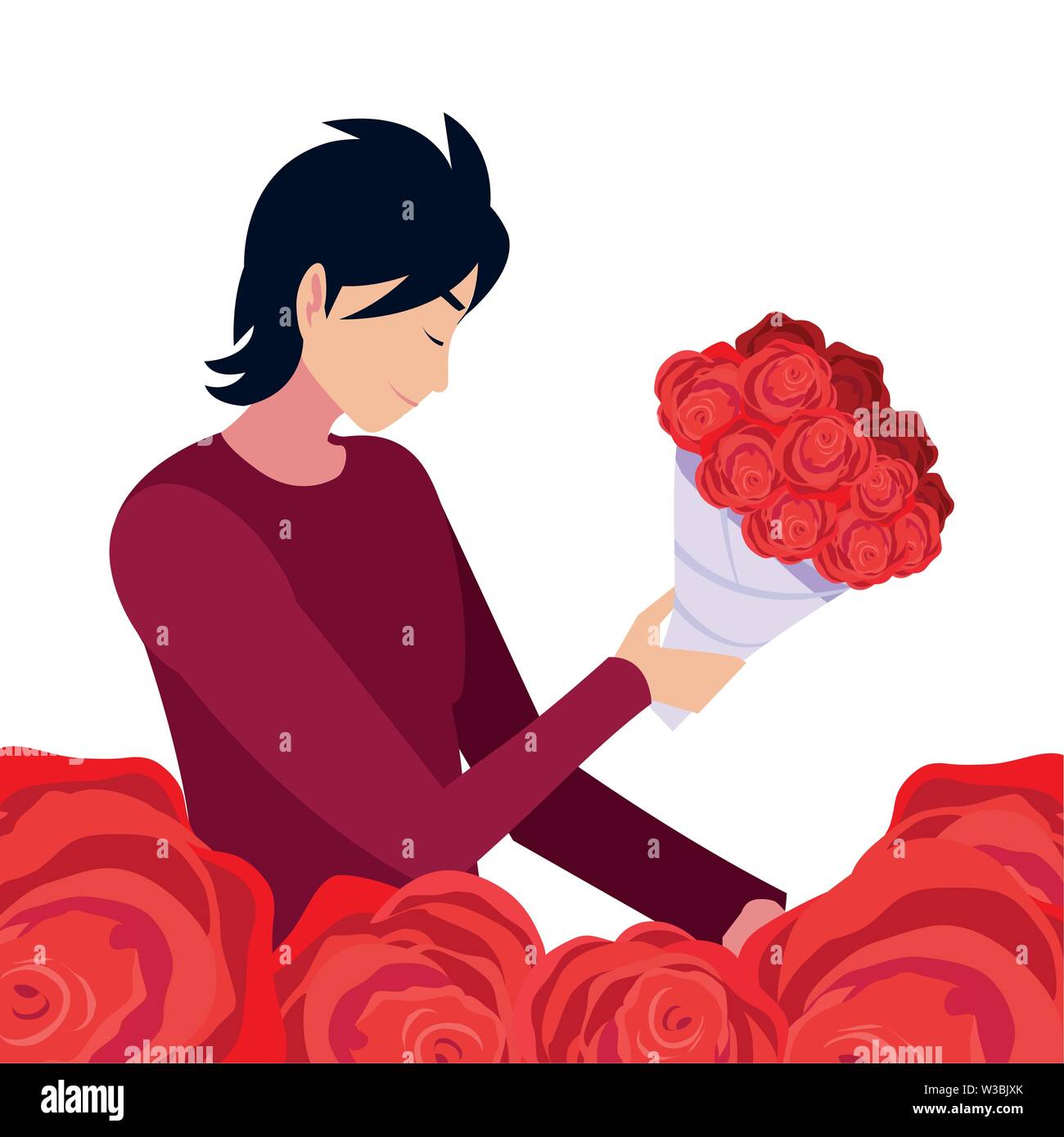 romantic man with bouquet flowers vector illustration Stock Vector ...