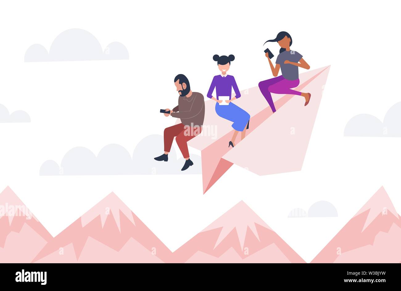 people flying on paper airplane mix race colleagues team using gadgets ...