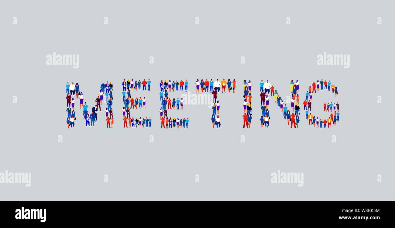 businesspeople crowd gathering in shape of meeting word different ...